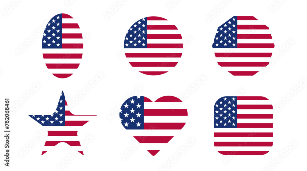 American flag collection in round, oval, heart, rectangle shapes vector ...