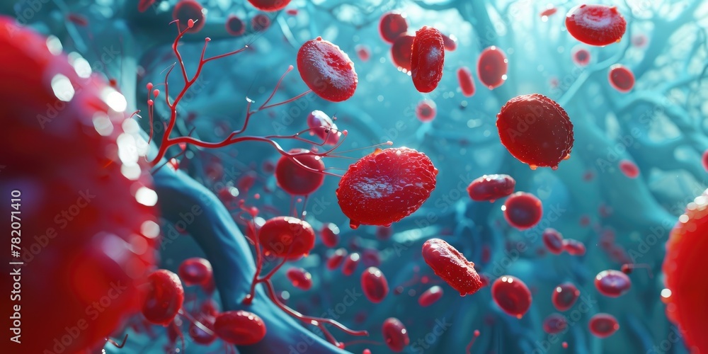 Against a blue capillary backdrop, red blood cells navigate ...