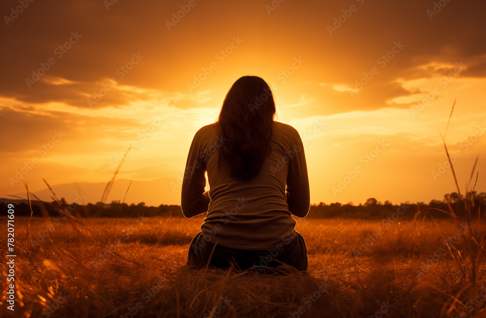 Prayer concept. Silhouette of a pretty woman in a praying pose. Set ...