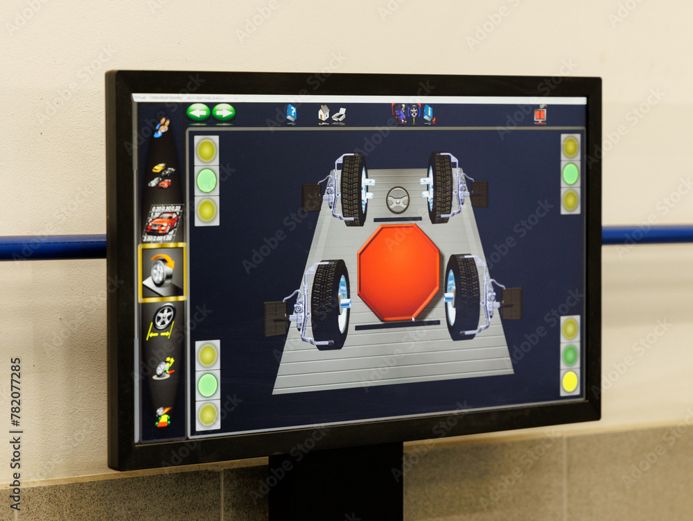 3d computer wheel alignment report showing on a computer screen. wheel ...