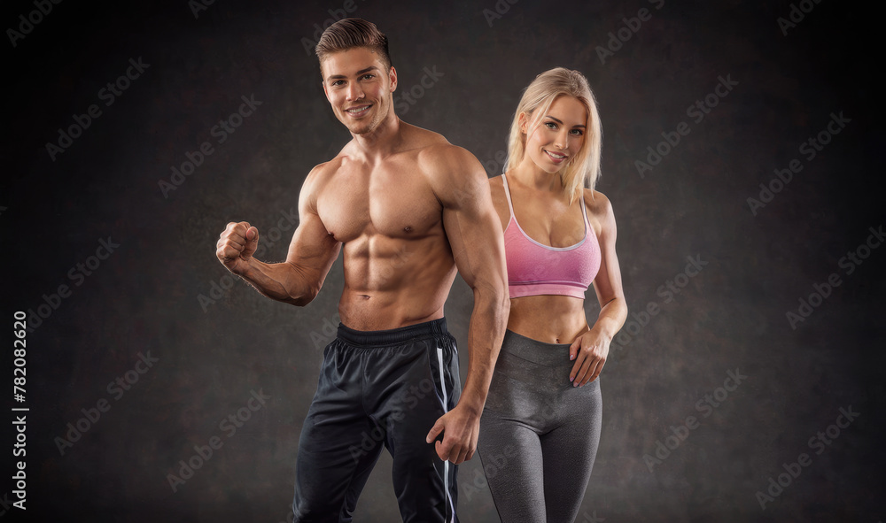 Athletic male and female demonstrating strength, fitness exercises with ...