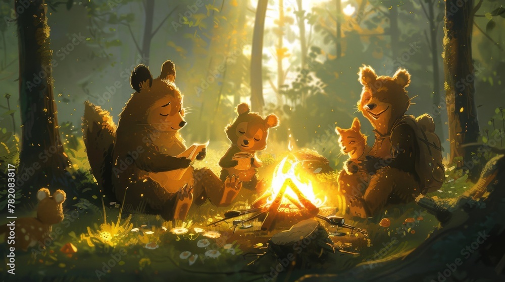 animals gathered around a campfire, regaling each other with funny ...