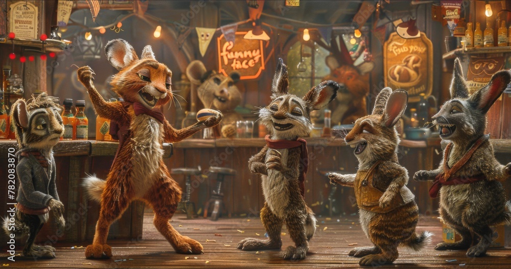 animals participating in a funny face contest, pulling silly ...