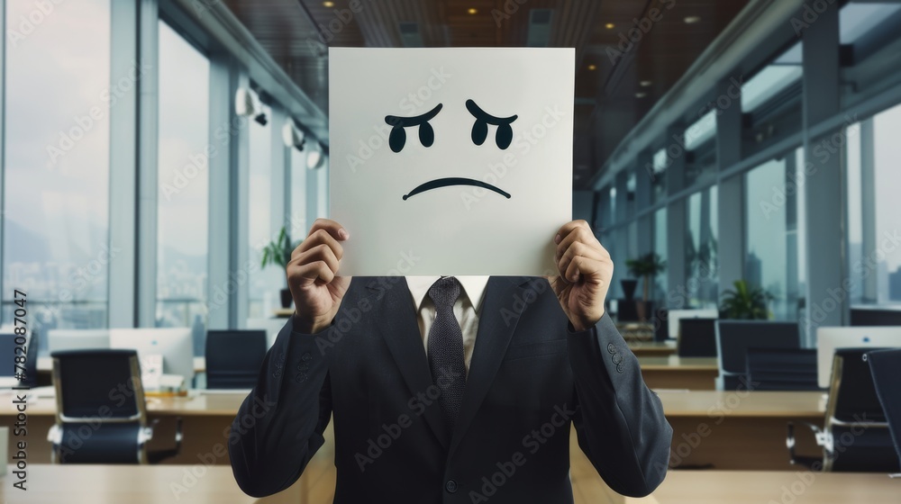 Behind a facade of formal attire, a despondent professional shields ...