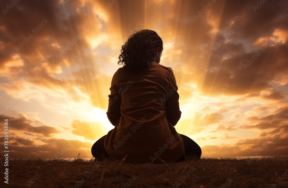 Prayer concept. Silhouette of a pretty black woman in a praying pose ...