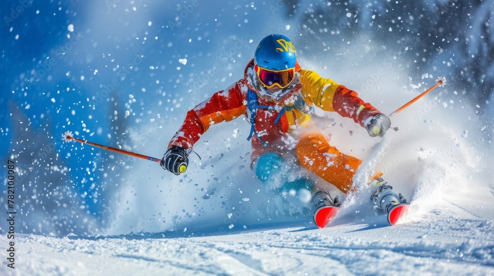 A skier in vibrant attire making a sharp turn on a snowy slope with ...