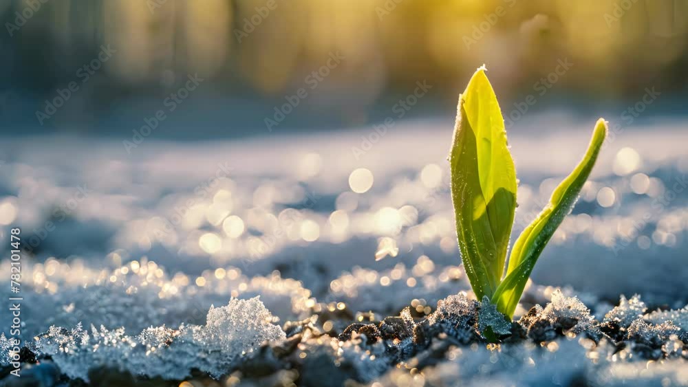 green sprout emerging from snowy frozen ground announcing end of winter ...