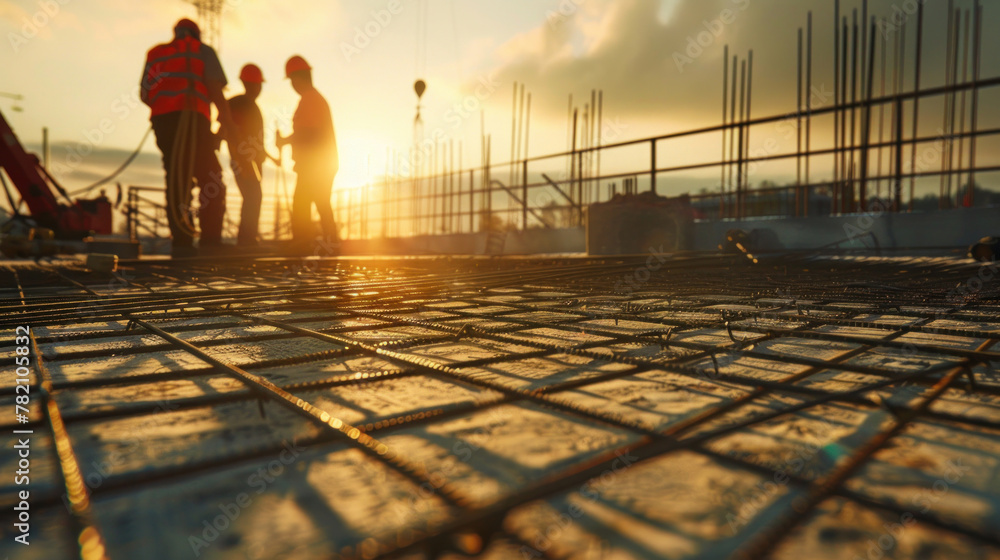 Construction workers methodically arranging steel reinforcement bars ...