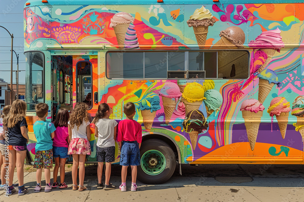 Children line up outside a vibrant ice cream truck, awaiting their ...