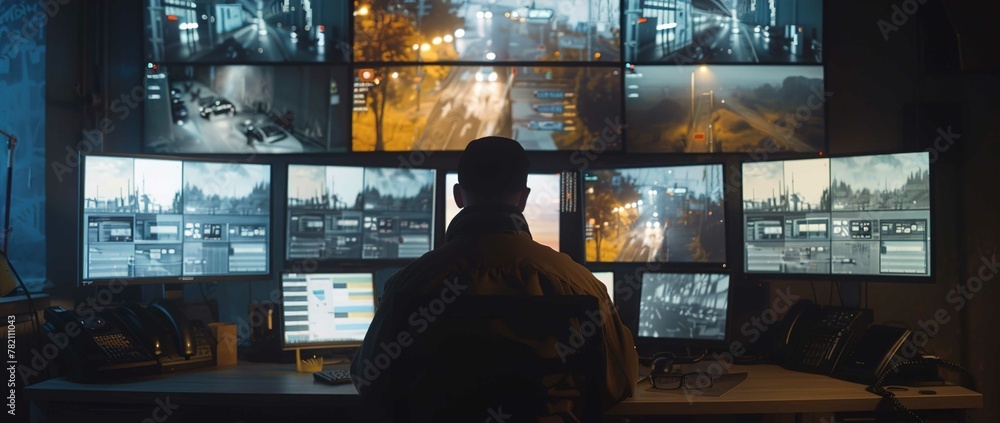 Fotografia do Stock: A security guard sat at his desk, surrounded by ...