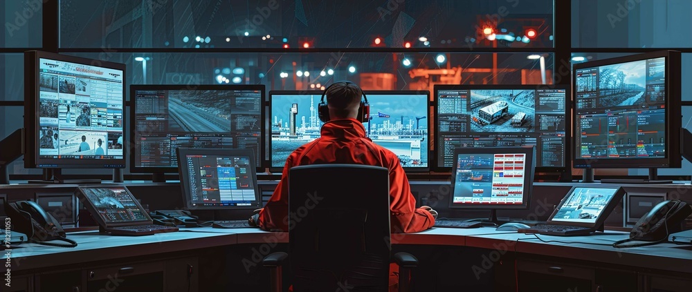 A security guard sat at his desk, surrounded by multiple monitors ...