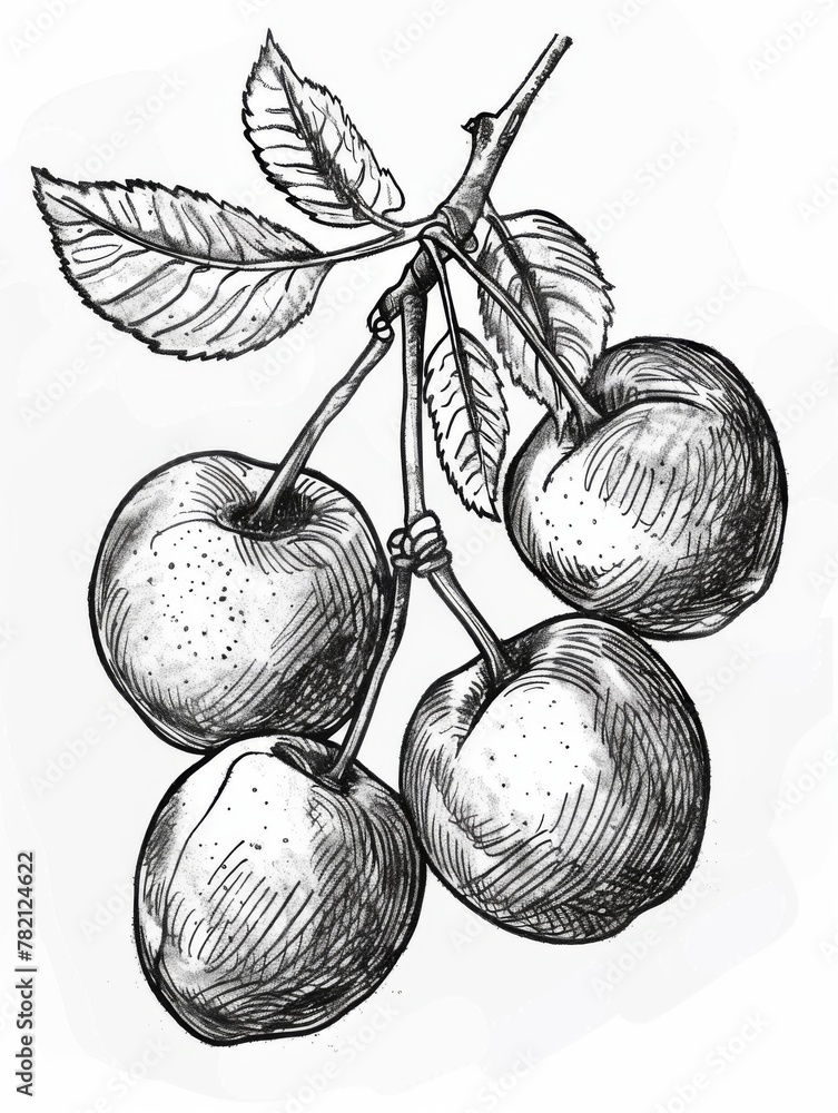 Detailed pencil drawing of four ripe cherries with simple, serrated ...