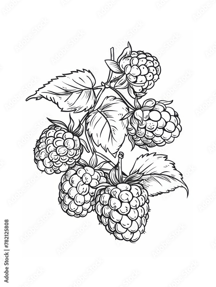 Black and white line drawing of a cluster of raspberries with leaves. A ...