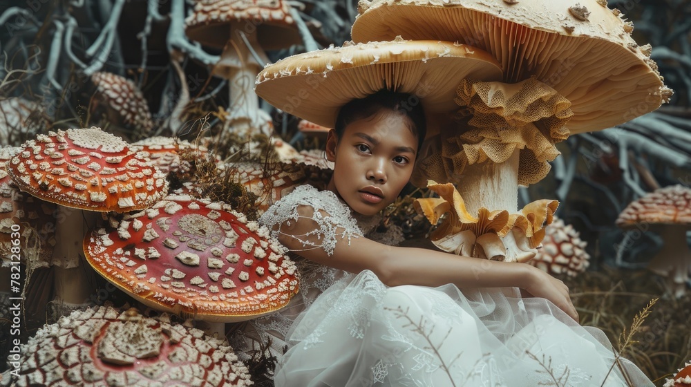 A fashion photo shoot inspired by mushrooms with models wearing outfits ...