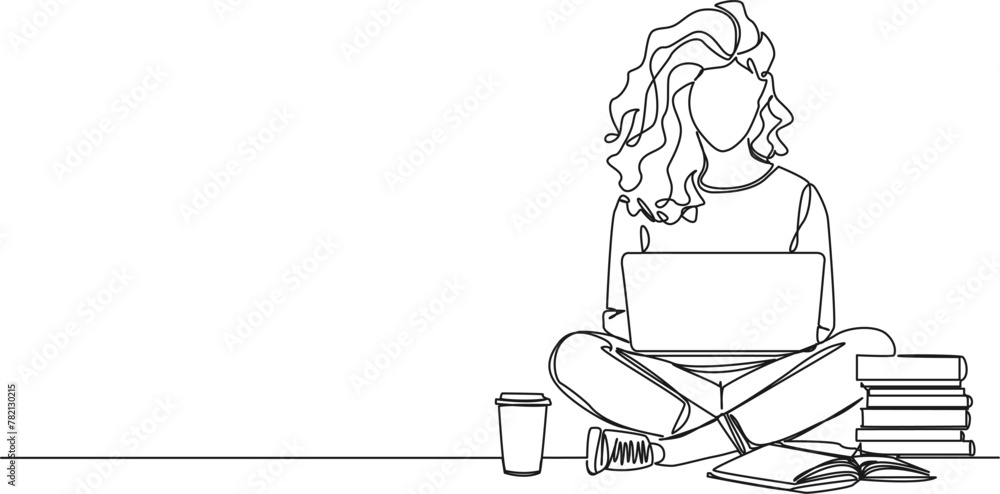 continuous single line drawing of female college student using laptop ...