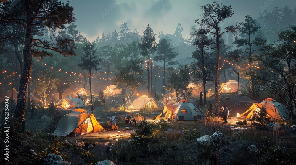 Campsite camaraderie, Capture the convivial atmosphere of a bustling ...