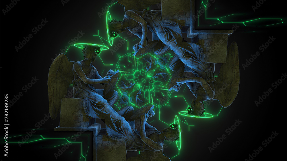 Rows of stone Angle statues with digital light effects and a neon halo ...