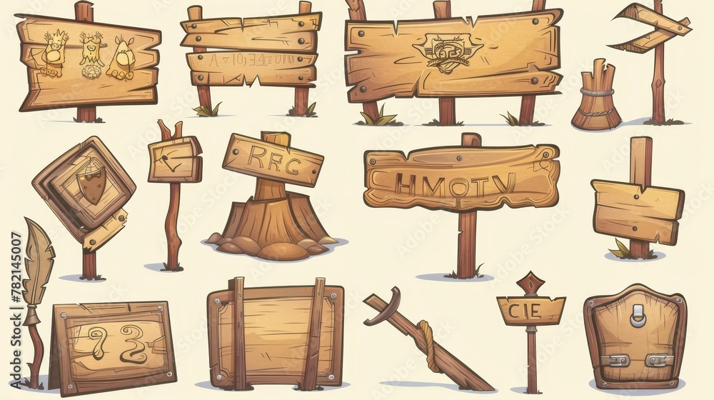 Modern illustration set of old wooden signs and banners. Cartoon ...