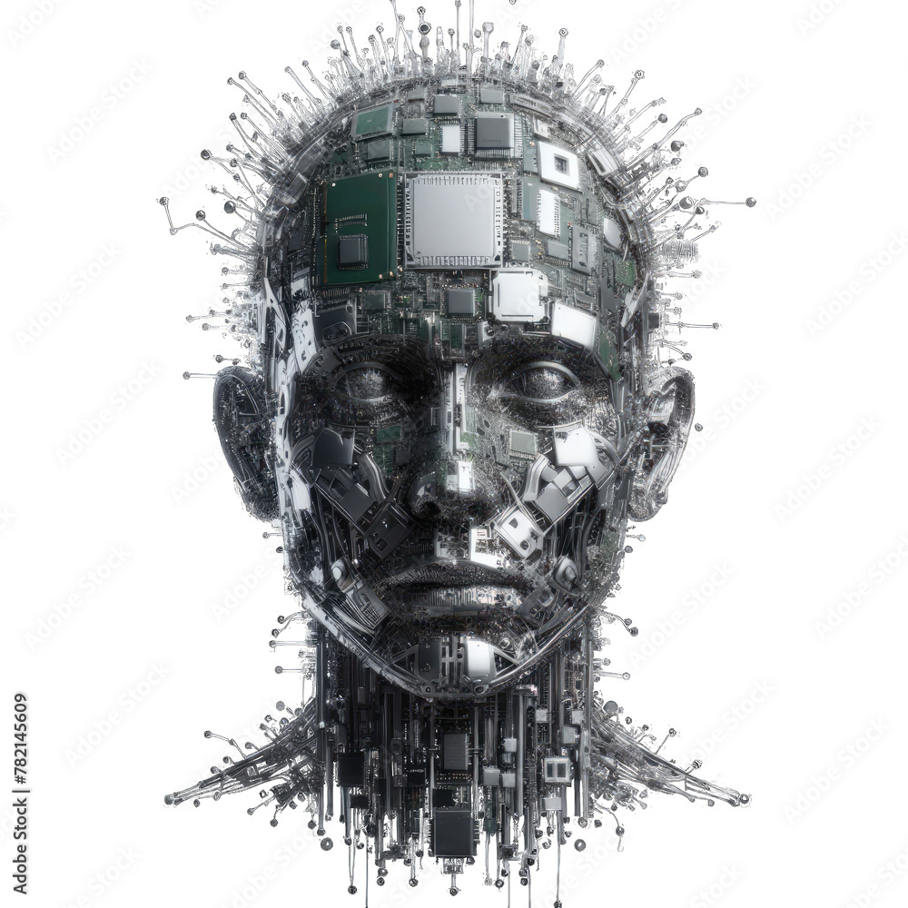 Man's face is made of computer parts and wires. Concept of technology ...