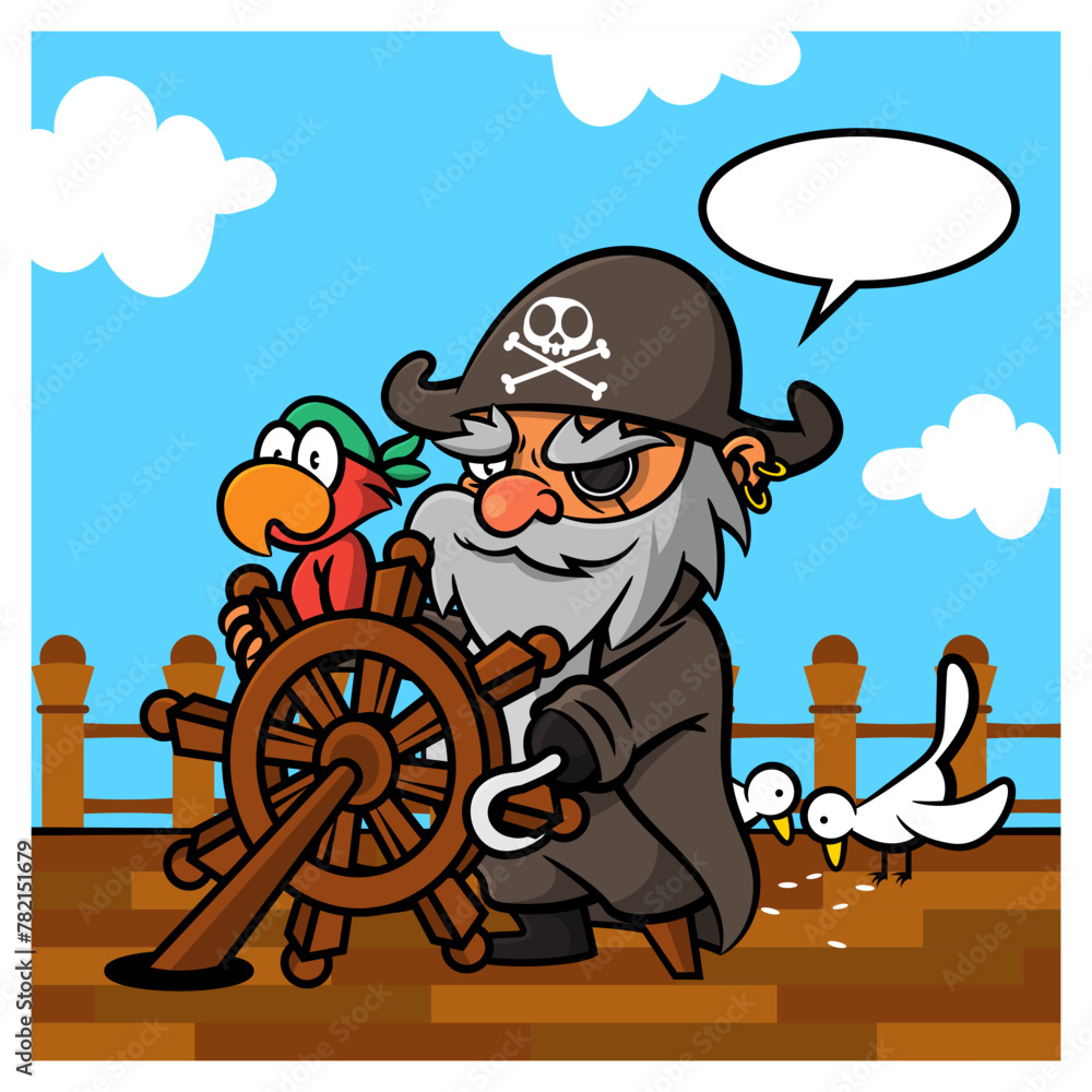 Captain Pirates cartoon characters driving wheels and sailing in ocean ...