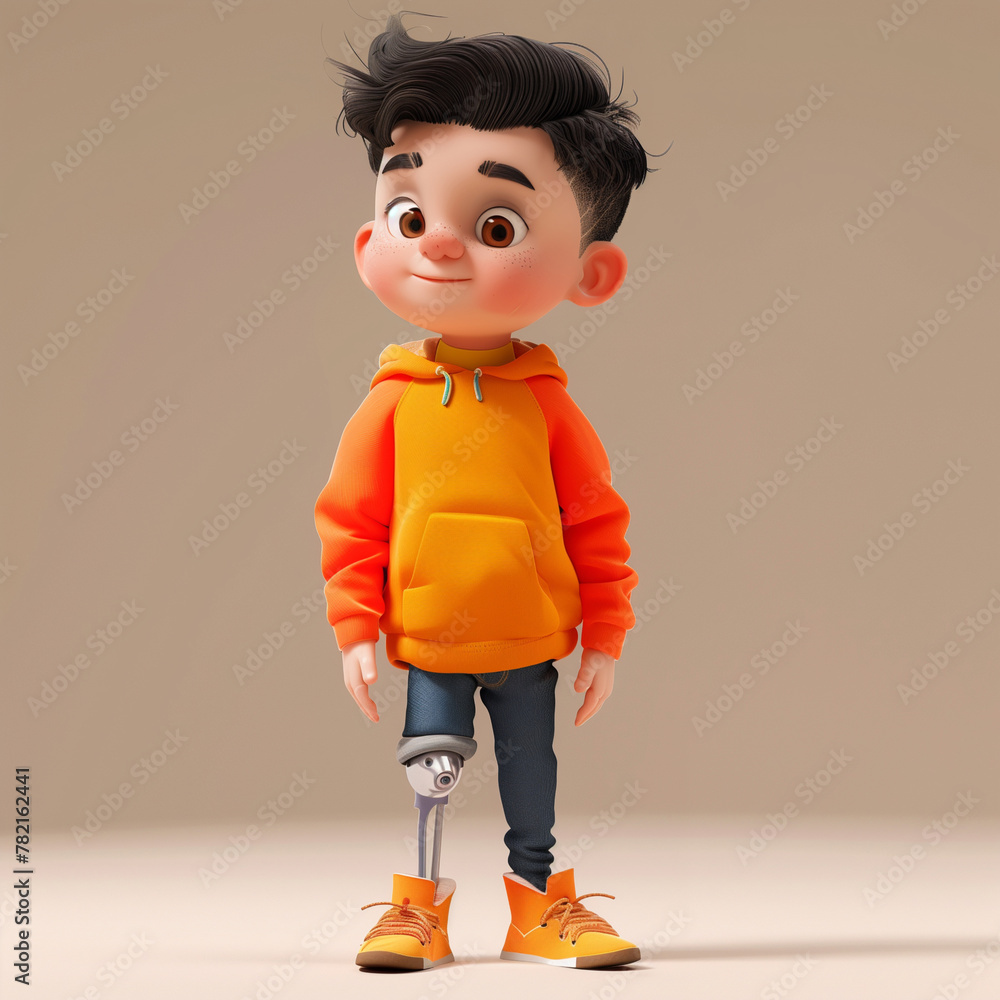 Boy with prosthetic leg, 3D style, isolated image of child with metal ...