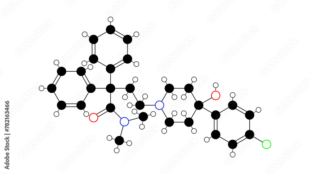 loperamide molecule, structural chemical formula, ball-and-stick model ...