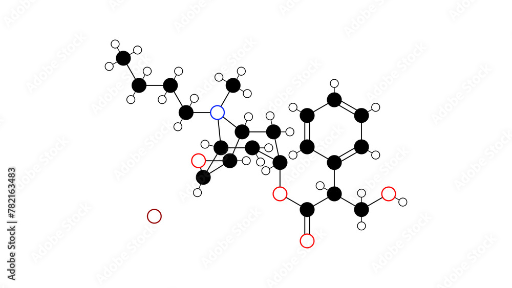 hyoscine butylbromide molecule, structural chemical formula, ball-and ...