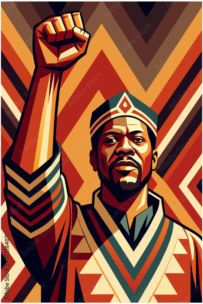 Empowerment rising: african man with raised fist in african patterned ...