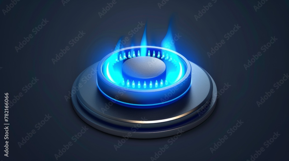 A gas burner with a blue flame radiating from a glowing fire ring on a ...