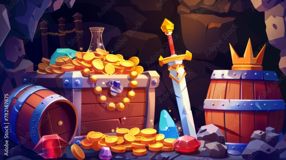 Ancient fantasy magic tomb with gold coins in the chest and wooden ...