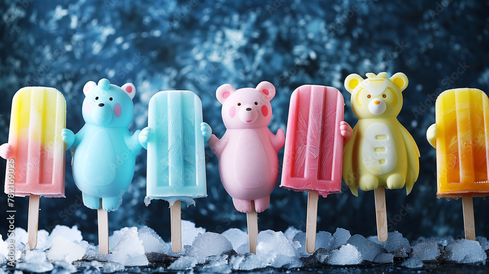 Colorful animal-shaped popsicles on a bed of crushed ice with a dark ...