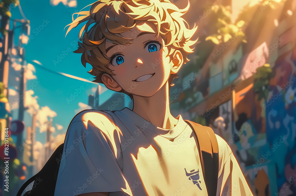 Anime boy with blonde hair, big blue eyes, blurred sunny city street on ...
