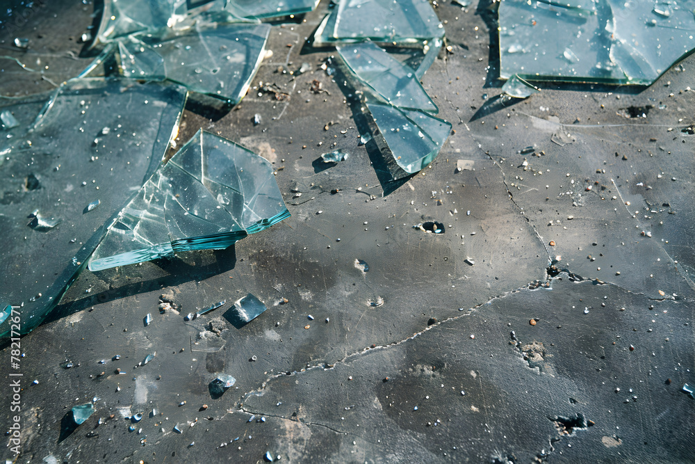 Shattered glass pieces scattered across a rough concrete surface ...