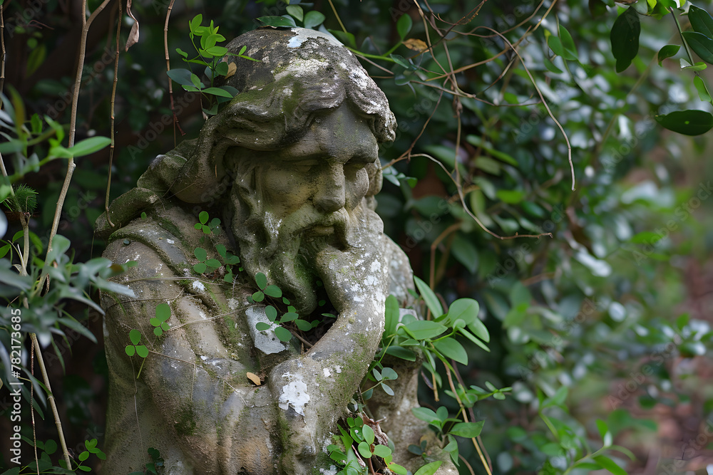 Close-up of an aged, moss-covered statue's face partially obscured by ...