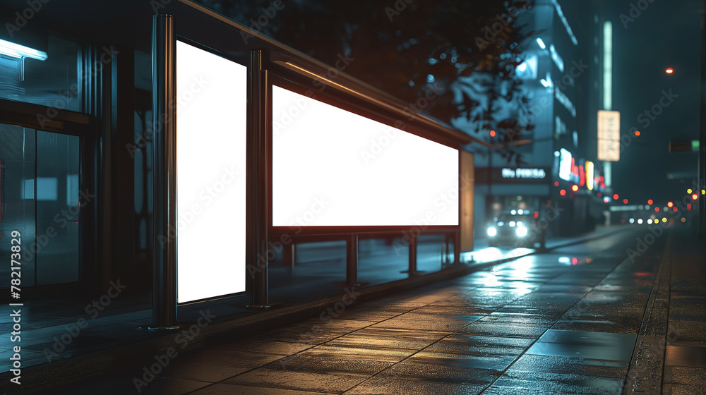 mockups, front view of hoarding board at the night big city ...