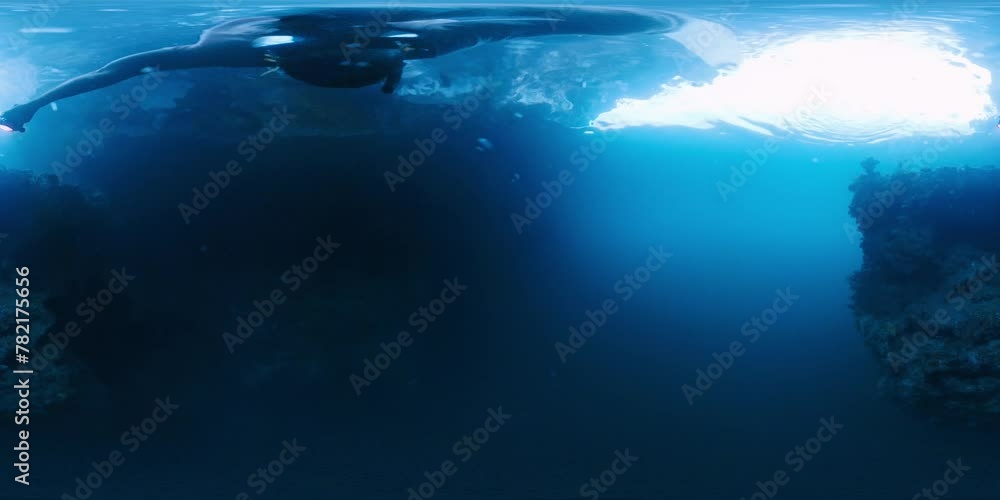 360 vr footage of the freediver. Man freediver swims underwater with ...