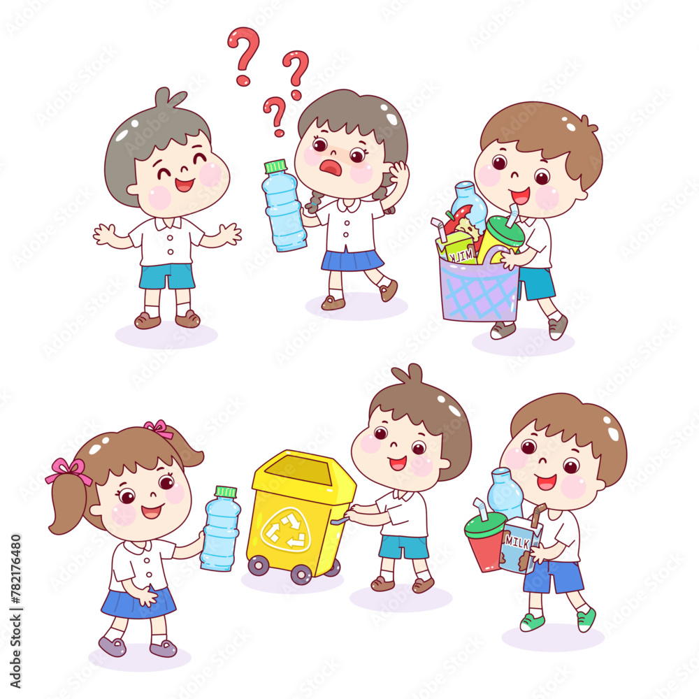Cartoon Kids in Waste Sorting Character. Stock Vector | Adobe Stock