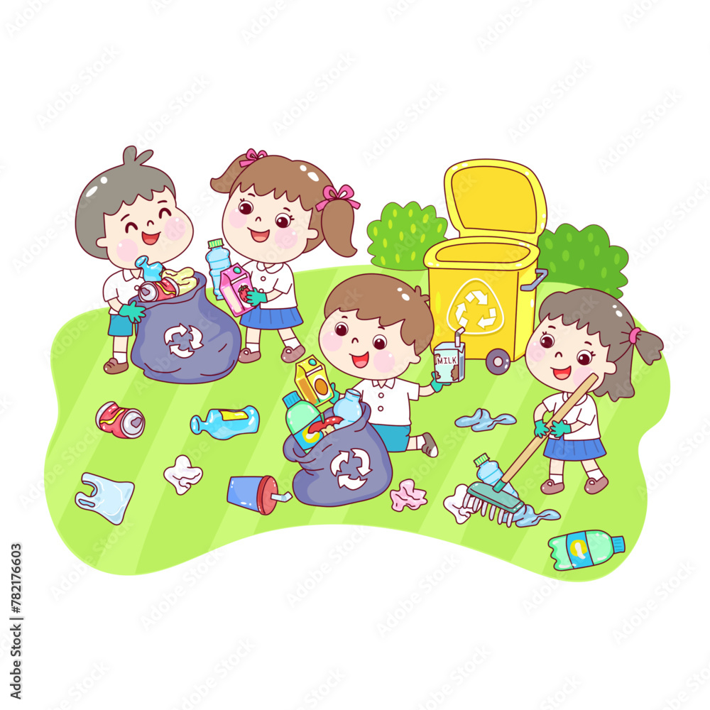Cartoon Kids in Waste Sorting Character. Stock Vector | Adobe Stock