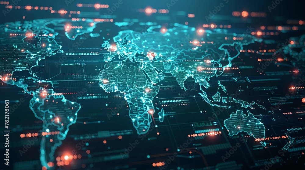 Cyber world map with dynamic data pulses, symbolizing news and ...