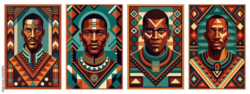 Ethnic poster set with african pattern and pride man's faces for black ...