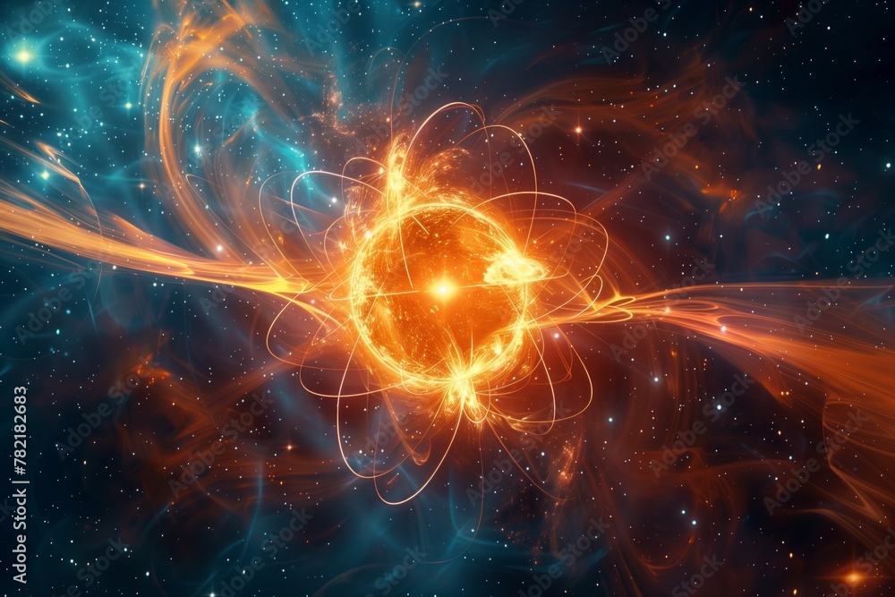 Collision of nuclei of elementary particles, image of nuclear reactions ...