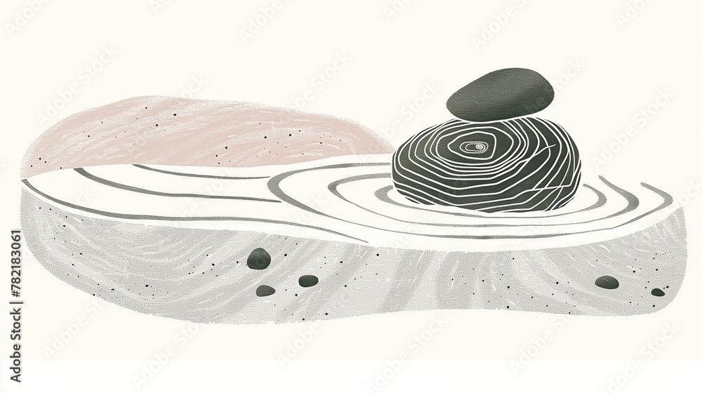 A tranquil illustration of a Zen garden. Raked sand patterns creating a ...