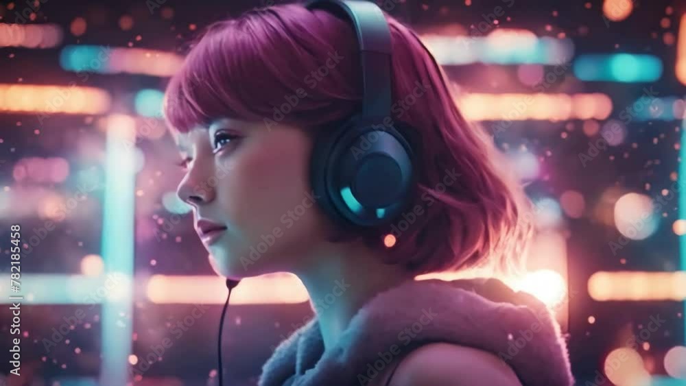 Lofi animation 3d cartoon character girl listening to music in ...