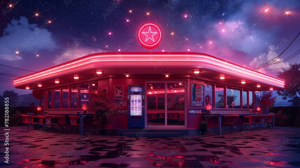 Photo & Art Print A 90s retro diner at night illustration with neon ...