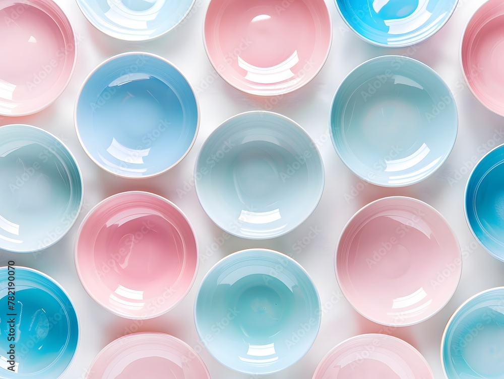 Arranged a lot of pastel coloured plates on white background Stock ...