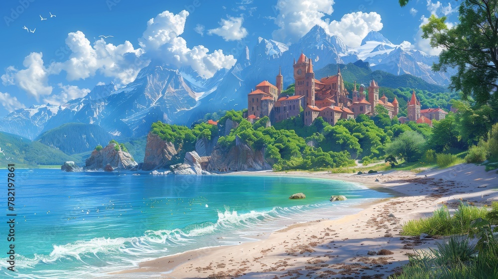 This is a picture of a seaside town, beach, and coast. Fantasy Backdrop ...