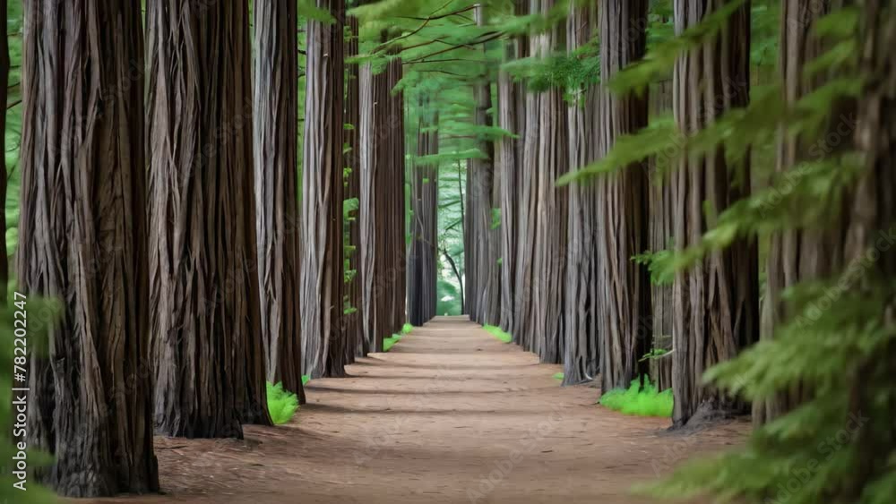 A path winds its way through a dense forest, flanked by tall trees ...