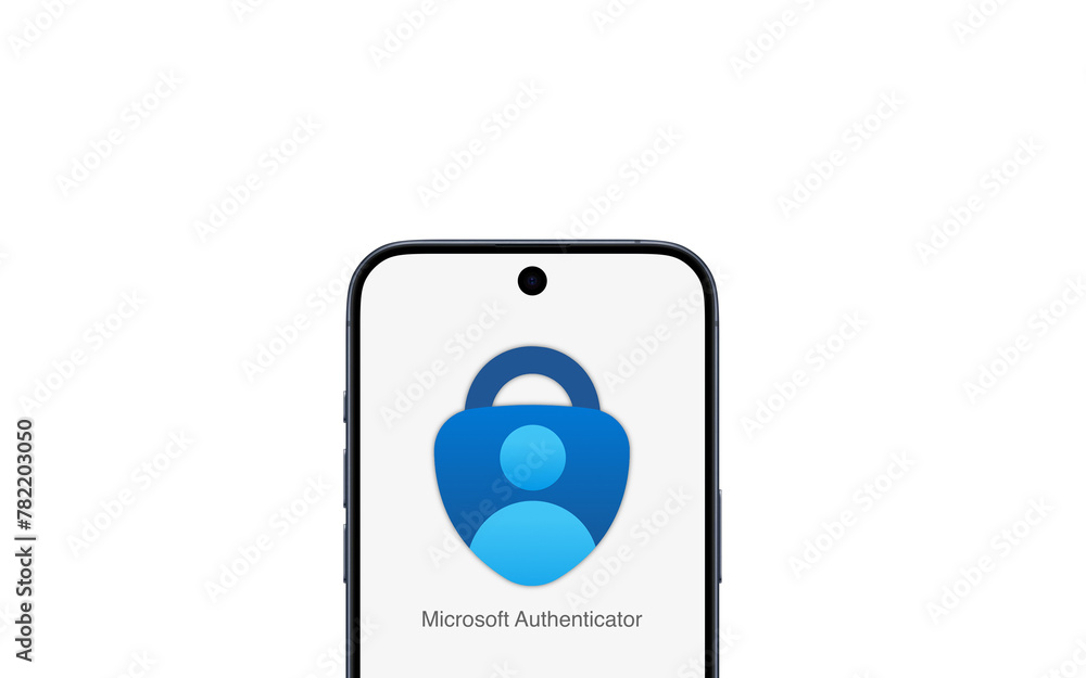 Microsoft Authenticator App logo is displayed on a modern smartphone ...