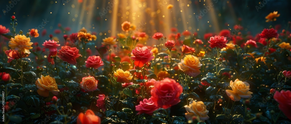Flowering yellow and red roses and moonlight rays in mystical summer ...