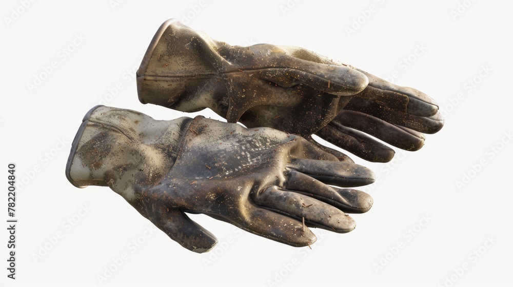 Two worn and dirty gloves placed side by side. Suitable for industrial ...